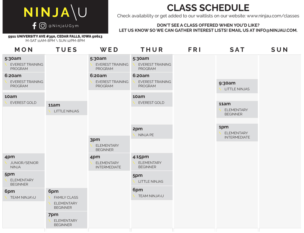 Classes - Kids & Adults Training Program - NinjaU Gym - Cedar Falls, IA